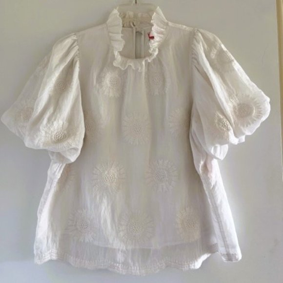 kate spade | Tops | Kate Spade White Embroidered Floral Puff Sleeve ...